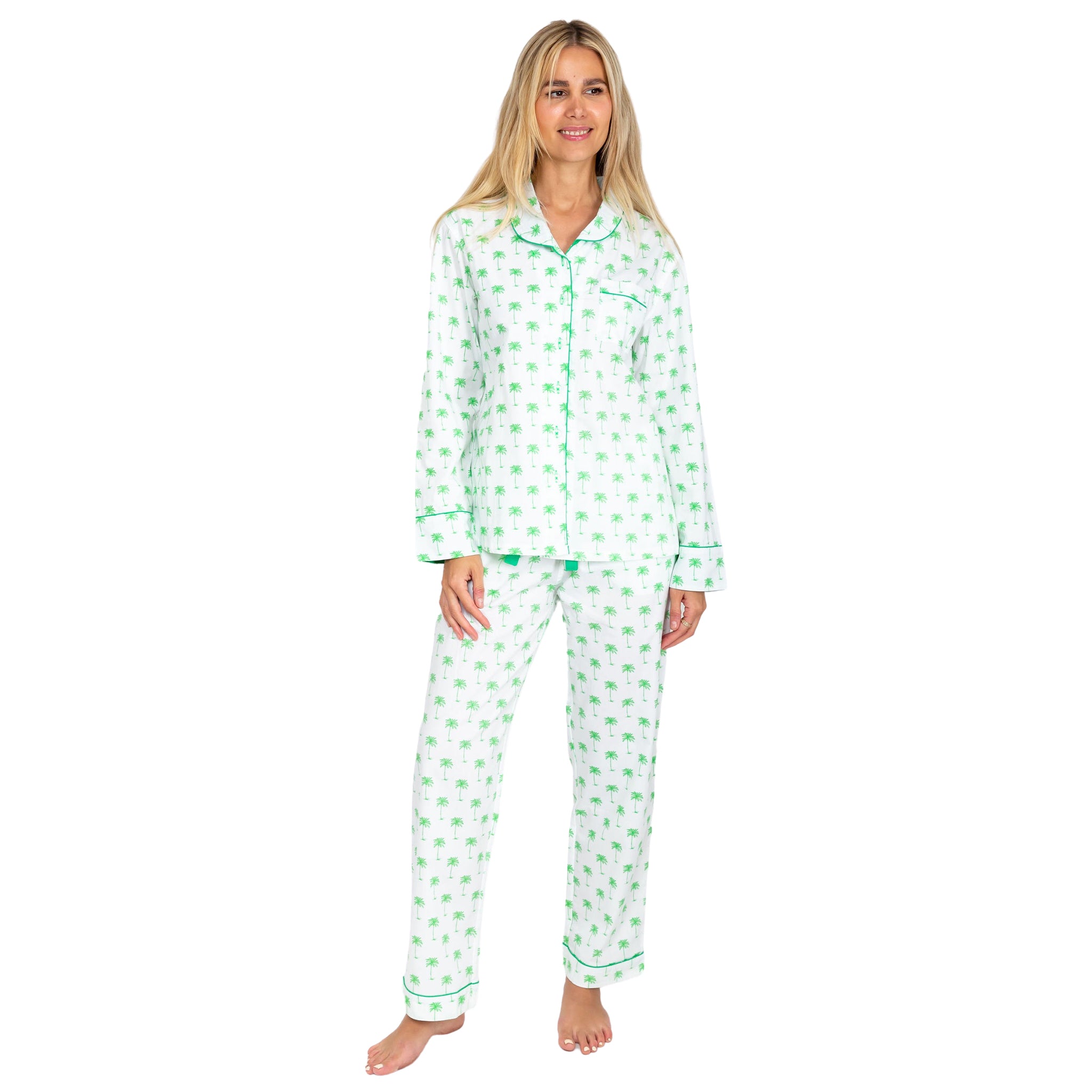 Women's Green Palm Tree PJ Pant Set | Pure Cotton PJs | Sant and Abel